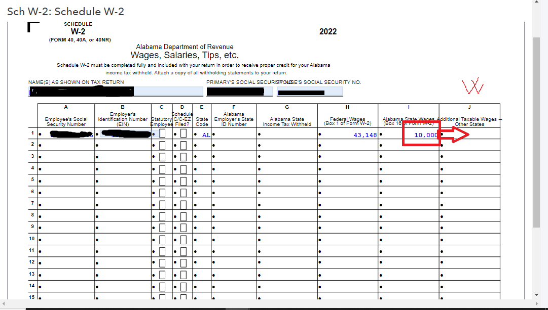 How can I enter a value in column J Sch W-2 for Alabama personal return ...