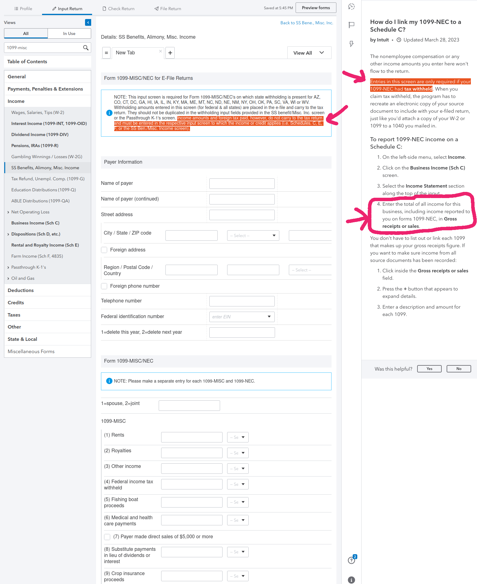 1099NEC box 1 amount is not showing up on form 1040 - Intuit ...