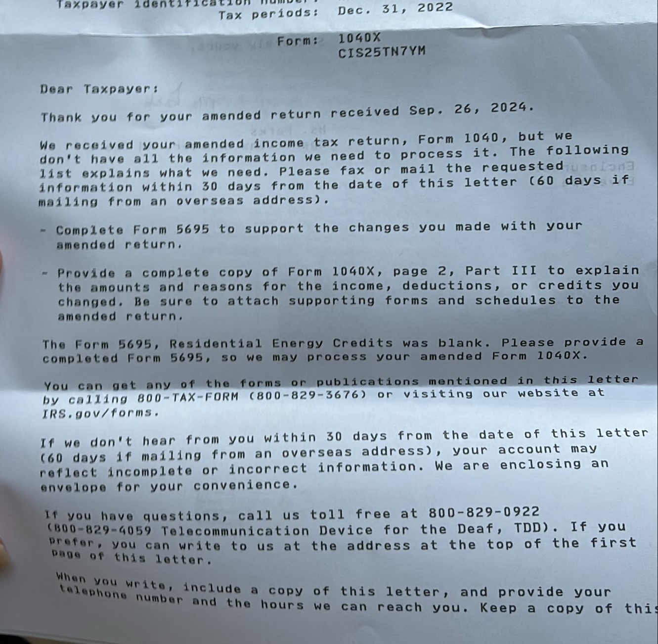 IRS letter - Forms not transmitted with efiled amendment - Intuit ...