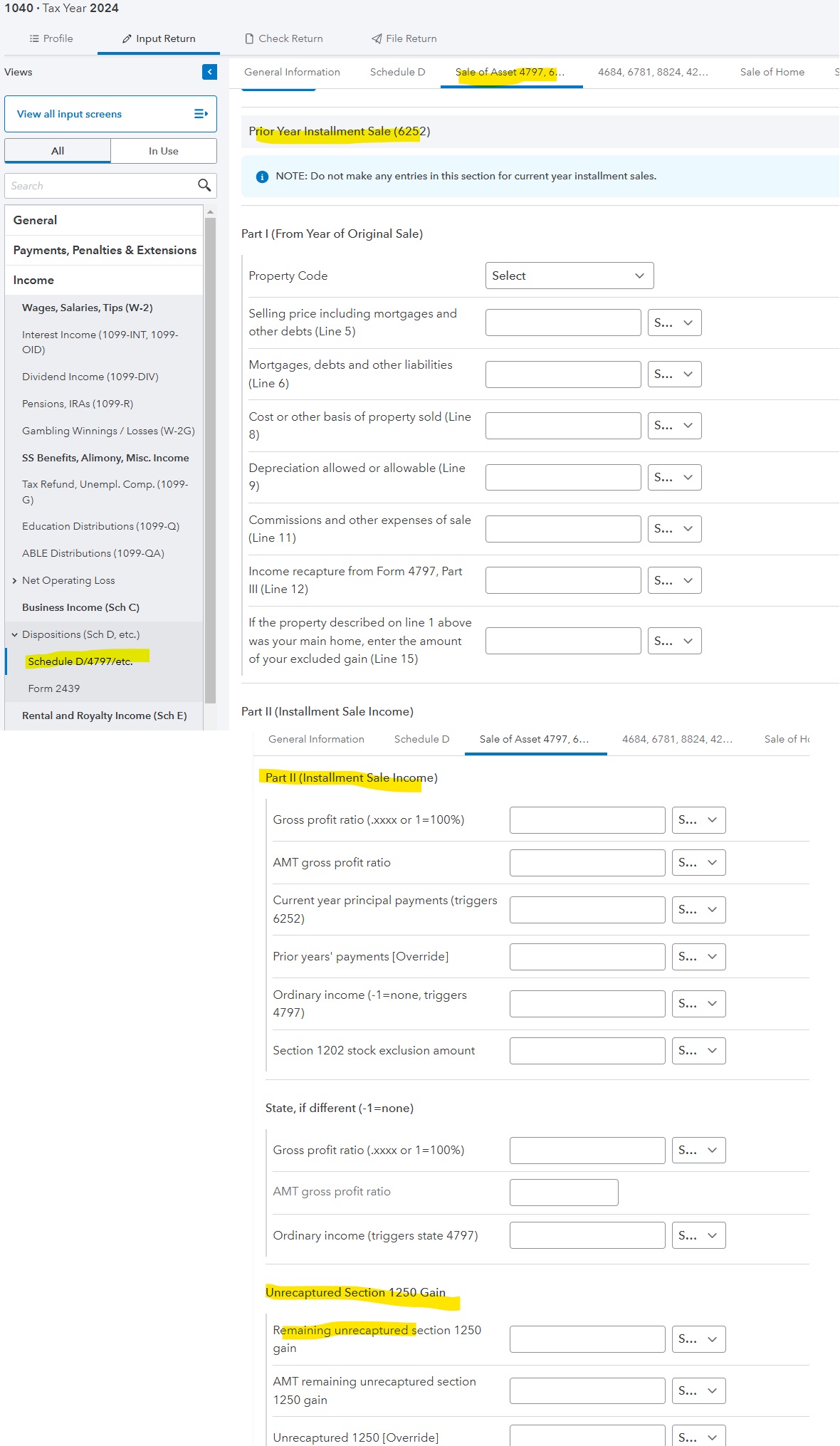 How to enter section 1250 recap for a prior year installment sale on a ...
