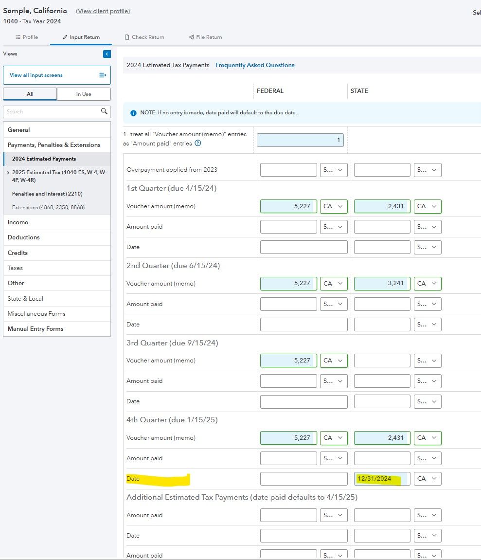 Estimated payment paid on 12/31 should be allocated to current year ...