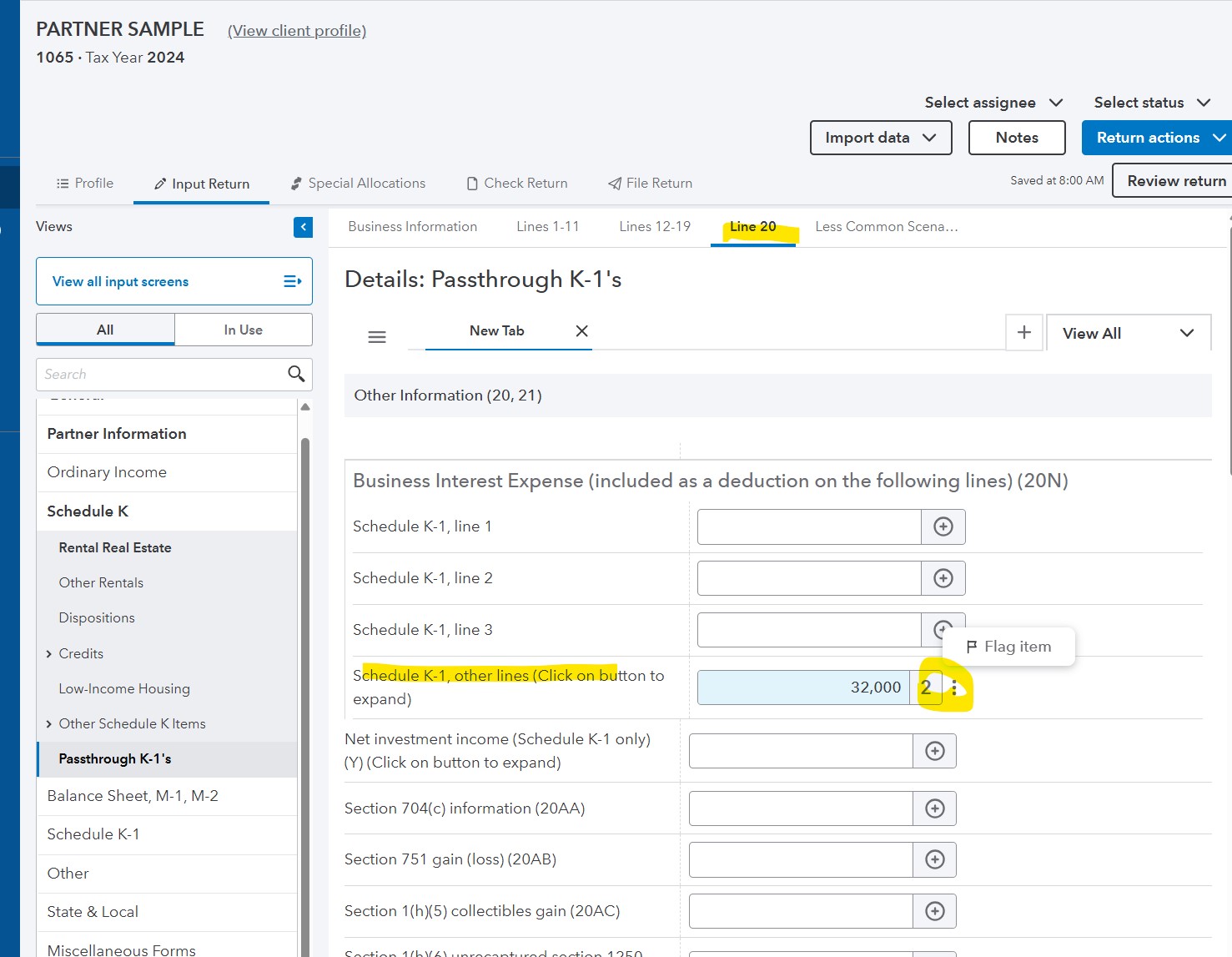 How to enter Line 20, code A from a k-1 that a partnership received, in ...